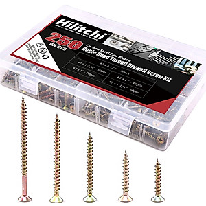 Hilitchi 250-Pcs #7 Phillips Bugle Head Coarse Thread Drywall Screw Assortment Kit, Carbon Steel Zinc Plated, Ideal Screw for Drywall Sheetrock, Wood, and More