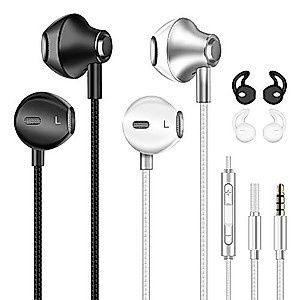 Wired Earphones with Microphone [2-Pack] Fasgear in Ear Headphones with Mic & Volume Remote Deep Bass Stereo Sound 3.5mm Jack Earbuds for iPhone,Galaxy S10/S9/Note 8,iPad Pro,iPod,Laptops, Black-White