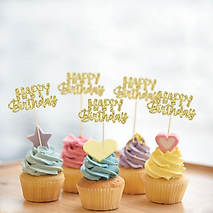 Gyufise 24Pcs Happy Birthday Cupcake Toppers Gold Glitter Celebrating Birthday Cake Picks Baby Shower Kids Birthday Party Decoration Supplies