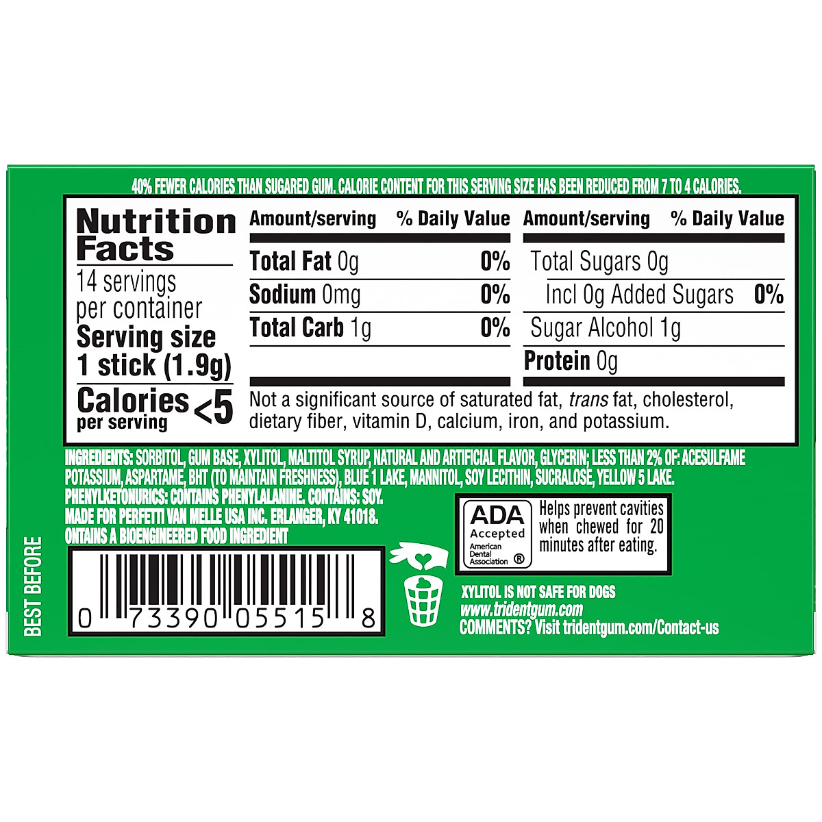 Trident Spearmint Sugar Free Gum, 12 Packs of 14 Pieces (168 Total Pieces)