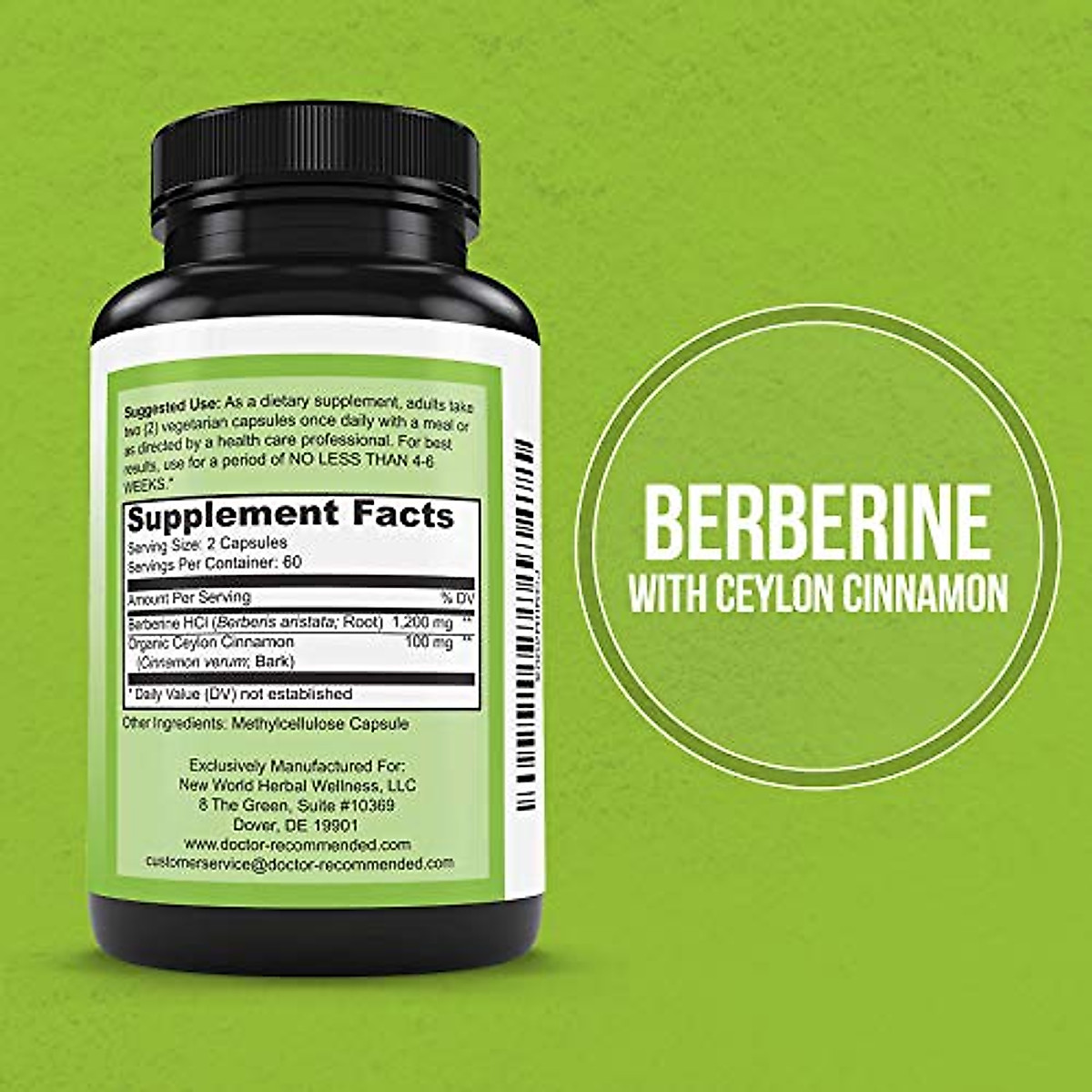DOCTOR RECOMMENDED SUPPLEMENTS Berberine with Ceylon Cinnamon - 1200mg Berberine & 100mg Organic Ceylon Cinnamon - 120 Veggie Capsules, Healthy Immune System & Gastrointestinal Wellness