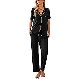 Ekouaer Womens 2-Piece Casual Button Down Nightwear Short Sleeve Pajama Set, Black, Medium
