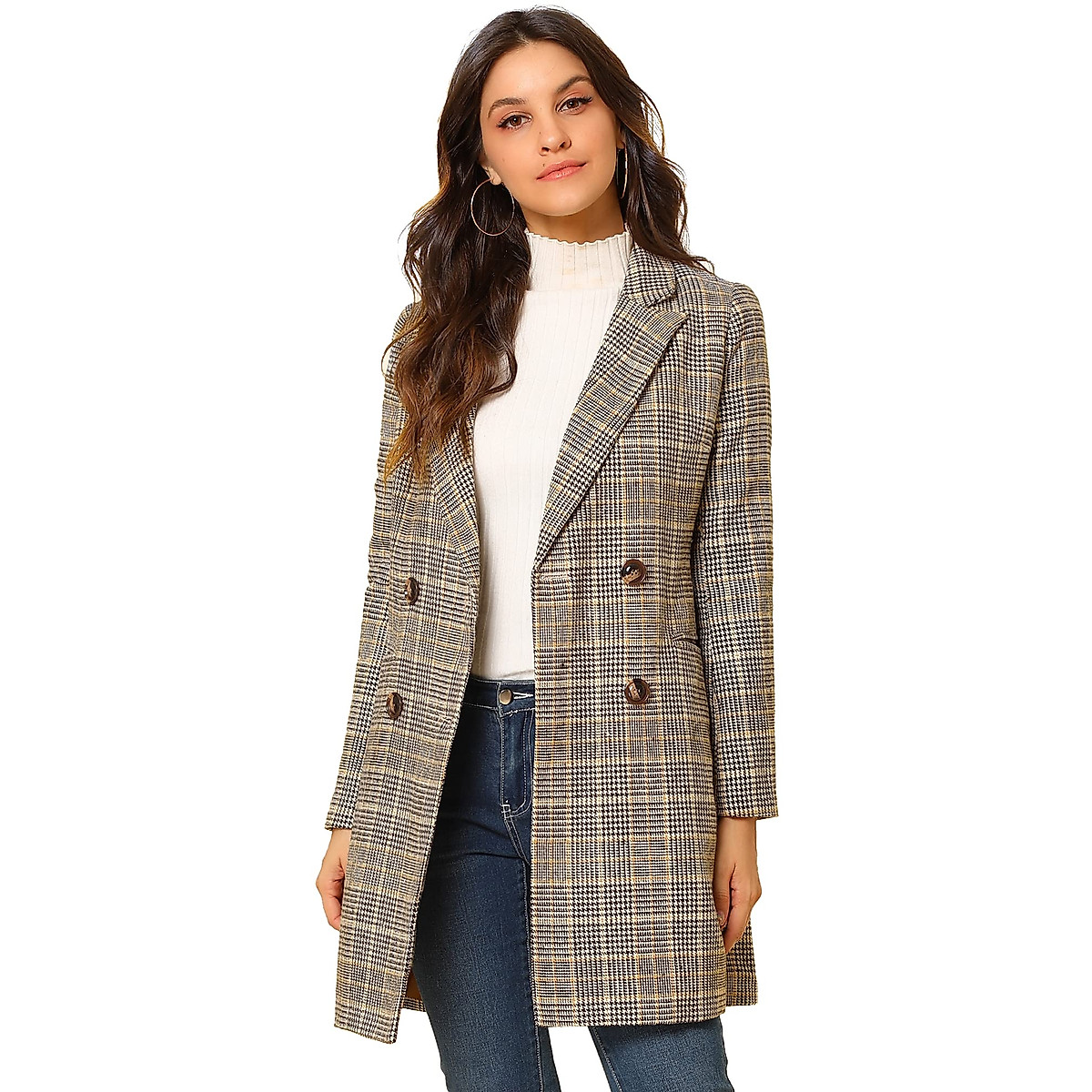 Allegra K Women's Double Breasted Notched Lapel Plaid Trench Blazer Coat Medium Brown