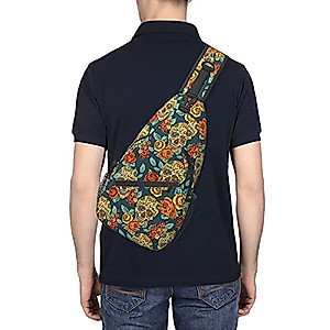 Skull And Flowers Sling Bag For Women Men Crossbody Shoulder Backpack Unisex Chest Bags Water Resistant Travel Hiking Casual Daypack
