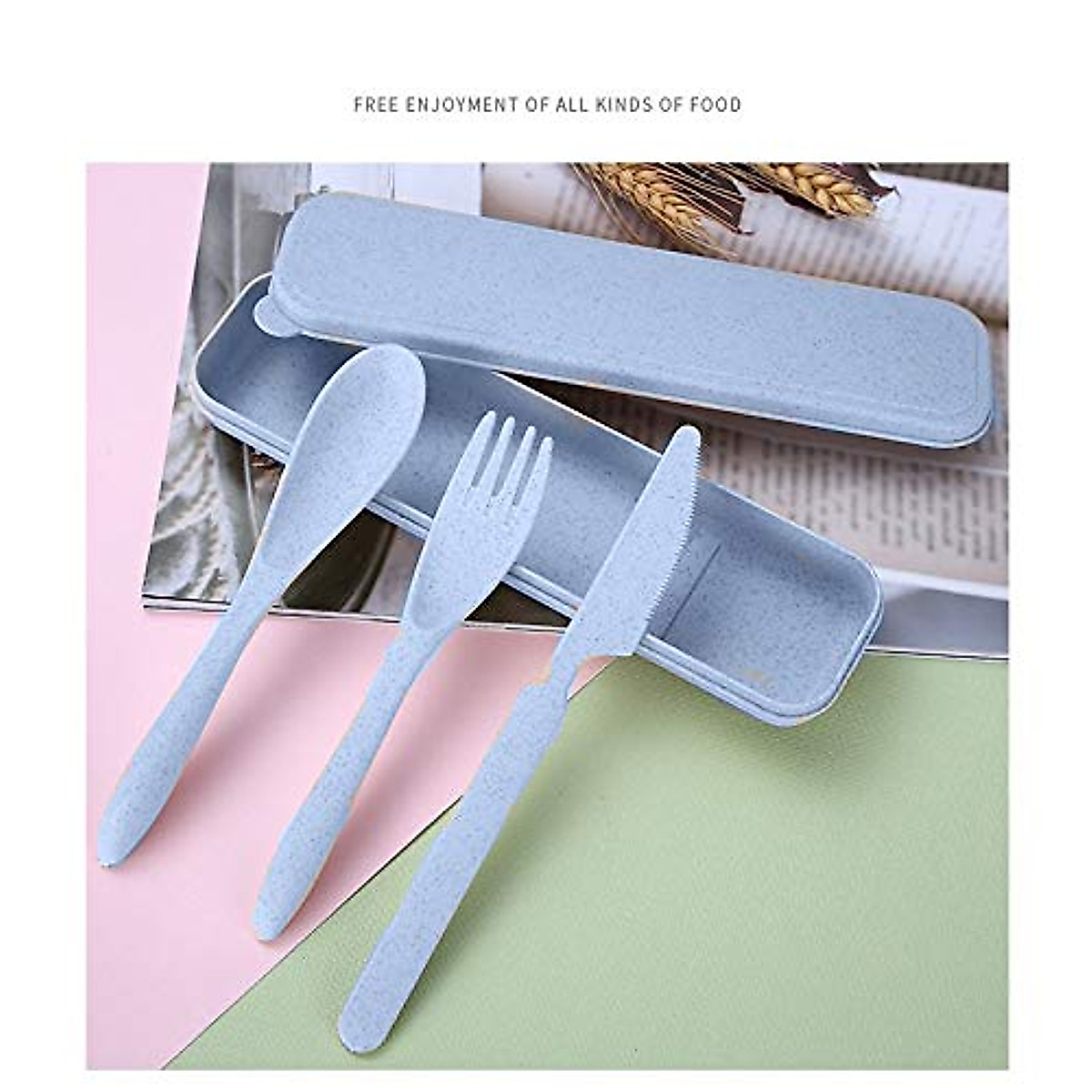 SUNNYHILL 4PCS Portable Utensils Set Straw Cutlery Set Healthy Eco-Friendly Wheat Biodegradable Chopstick Fork Knife Spoon Set for Travel Picnic Camping Students Daily Uses with Portable Case (blue)