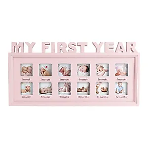 My First Year Picture Frames Baby Moments Keepsake Photo Frame Newborn Infant Collage Frame Boys Girls Shower Gift Wall hanging 12 Month Frame for Room Wall Nursery Décor Elegant White Natural Wood
