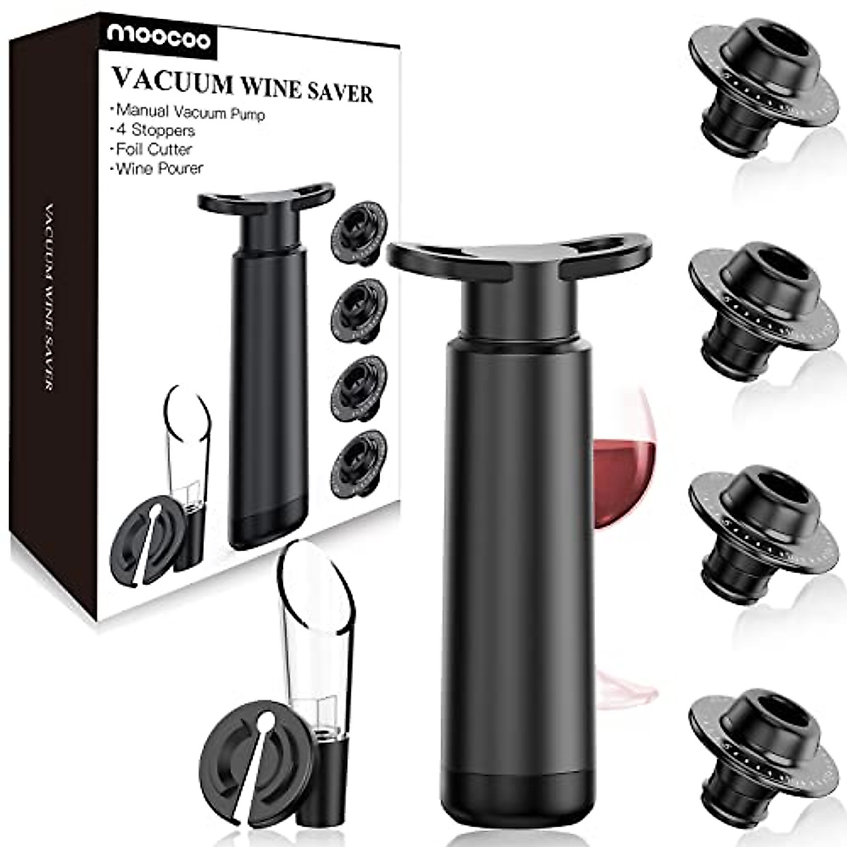 Premium 7-in-1 Wine Gift Set, Includes Wine Saver Pump with 4 Real Vacuum Wine Bottle Stoppers, 1 Foil Cutter, 1 Wine Pourer, Best Gifts for Wine Lovers