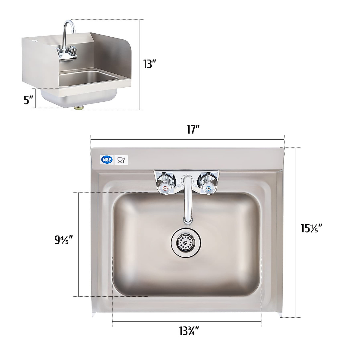 WILPREP Commercial Hand Wash Sink, NSF Stainless Steel Commercial Utility Sink with Gooseneck Faucet and Strainer, 17x15 Inch Wall Mount Kitchen Sink for Restaurant Bar RV Bathroom Laundry Room