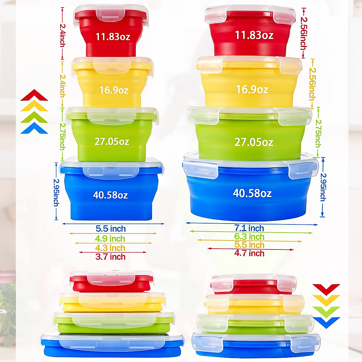 Mimorou 8 Pack Collapsible Food Storage Containers Silicone Lunch with Lids, 4 Pcs Rectangle Bowls and Round Bowls, Microwave Freezer Dishwasher Foldable