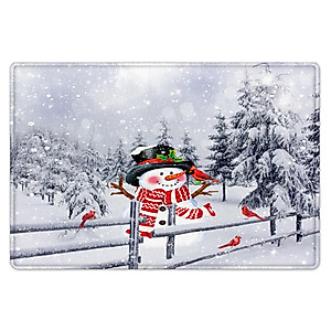 LB Winter Snowman Bath Mat Red Cardinal on Farmhouse Fence Area Rug for Bathroom Grey Pine Tree with Snowflake Doormat Non Slip Memory Foam Super Absorbent Floor Mats,24Wx16H Inch