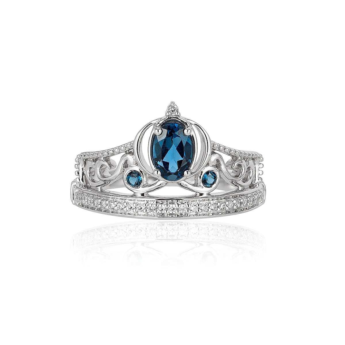 Jewelili Enchanted Disney Fine Jewelry Sterling Silver 6x4 MM London Blue Topaz with 1/10 Cttw Diamonds Cinderella Carriage Tiara Ring, Size 7