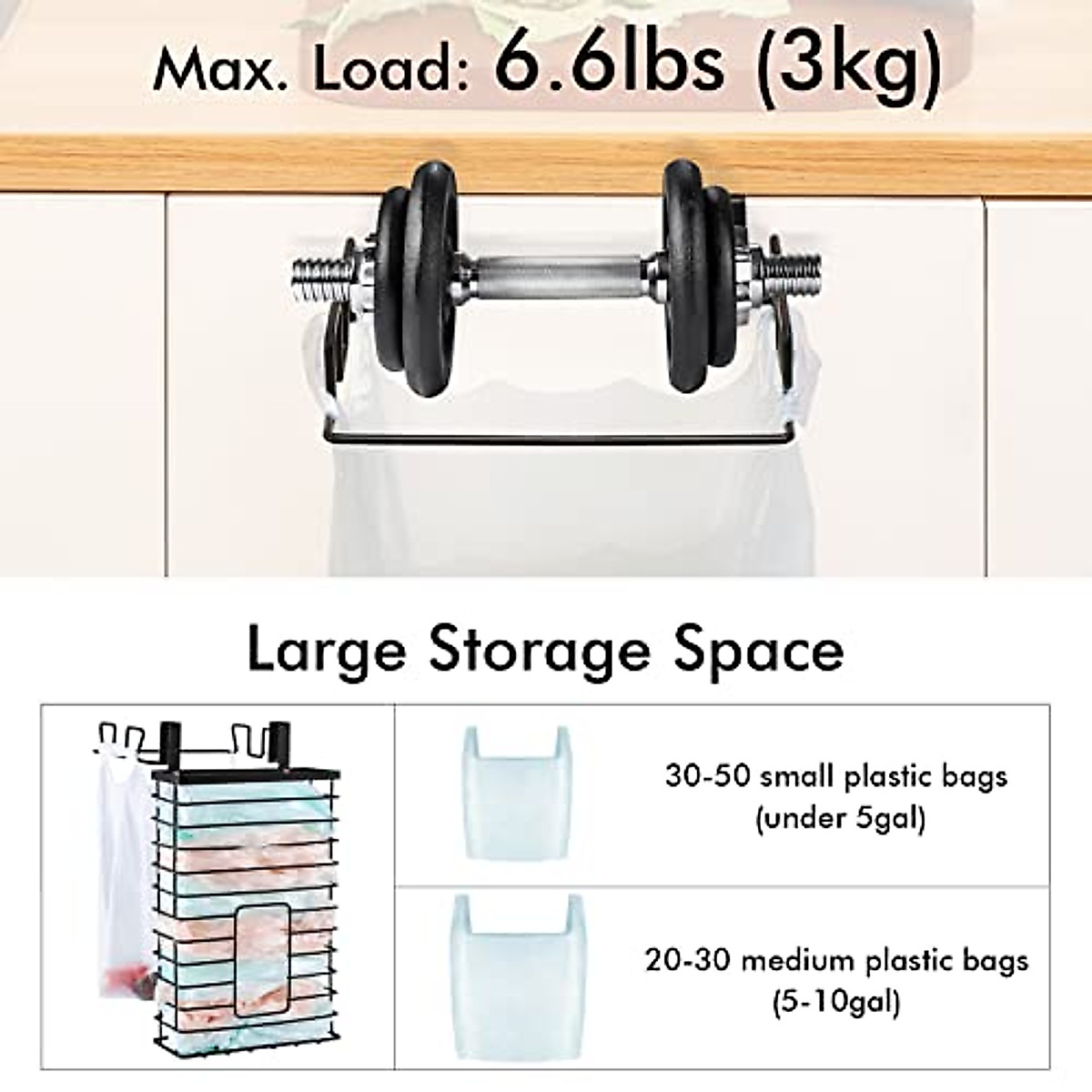 KES Plastic Bag Holder for Grocery Bags, Over The Cabinet Door Organizer, Hanging Trash Bag Holder Metal, Matte Black, KUR525-BK