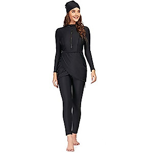 seafanny Women Muslim Swimwear Long Sleeve Burkini Full Cover Hijab Modest Swimsuit (Black, 6-8)
