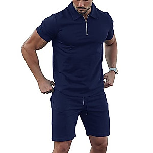 URRU Mens Classic 2 piece Polo Shirts Zipper Short Sleeve Solid Casual Slim Fit Basic Lapel Polos and Shorts Navy XXL
