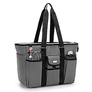 LoDrid Nurse Bag with Bottom Pad, Large Home Health Nurse Bag, Medical Assistant Bag with Multiple Pockets Features, Nurse Equipment Bag for Work, Grey, Bag Only