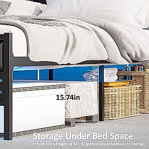 Halitaa Full Size Bed Frame with Headboard and Led Lights,Upholstered Bed Frames with Charging Station,Platform Metal Bed with Storage Shelves,No Box Spring Needed,Easy Assembly