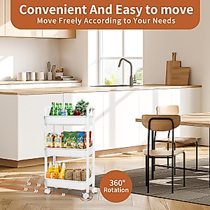 YSSOA Rolling Storage Cart, 3 Tier Slim Mobile Shelving Unit 360° Rotating Wheel Lockable Utility Cart, Ideal for Office, Kitchen, Bathroom, Laundry and Narrow Spaces, White