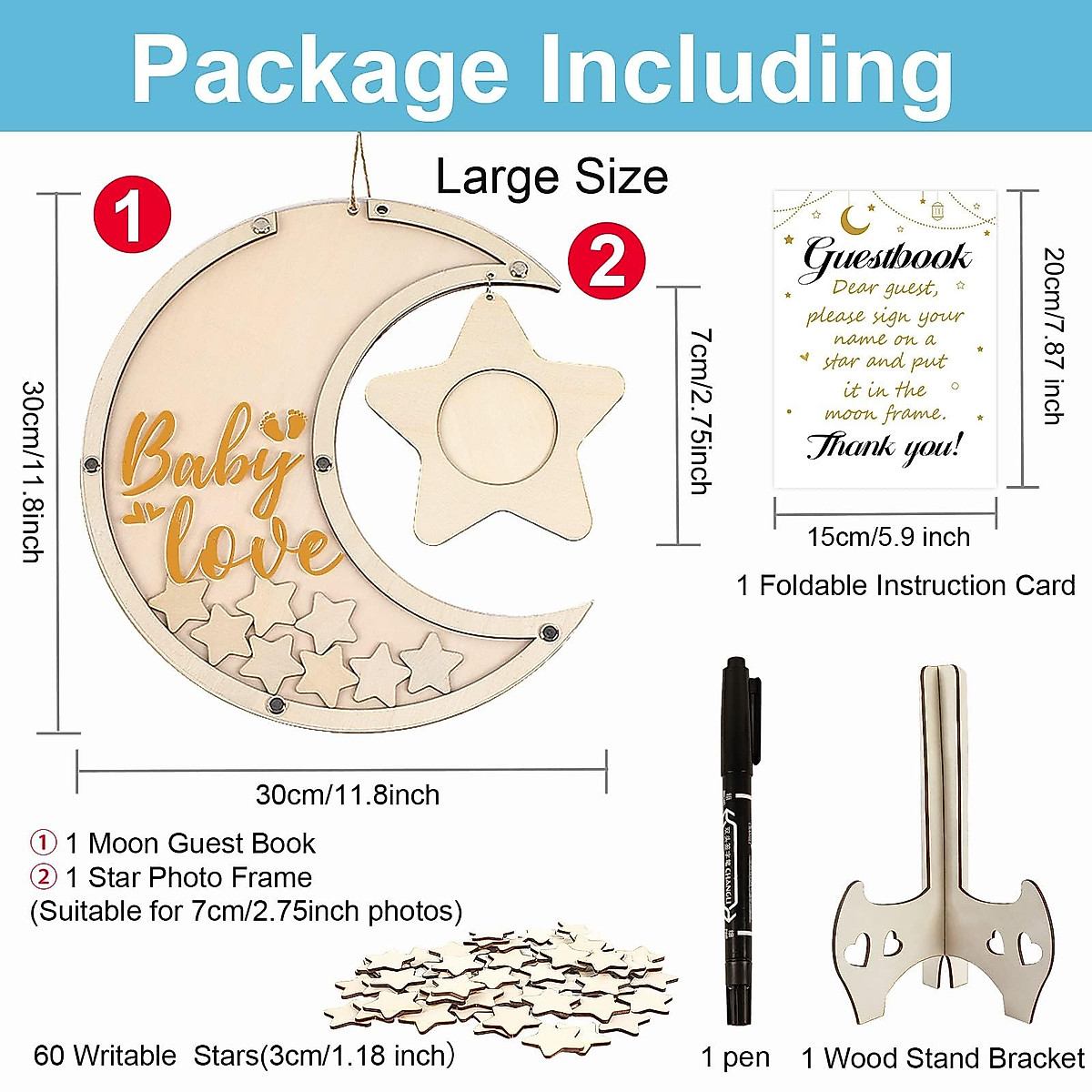 Baby Shower Guest Book Alternatives Moon Guest Book for Baby Shower Guest Book Frame with Star Baby Shower Decorations Guest Book Alternative for Wedding Boys Girls Birthday Party Keepsake(Brown)