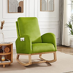 Setawix Rocking Chair for Nursery, Midcentury Modern Accent Rocker Armchair with Side Pocket, Upholstered High Back Wooden Rocking Chair for Living Room Baby Room Bedroom (Green - Velvet)