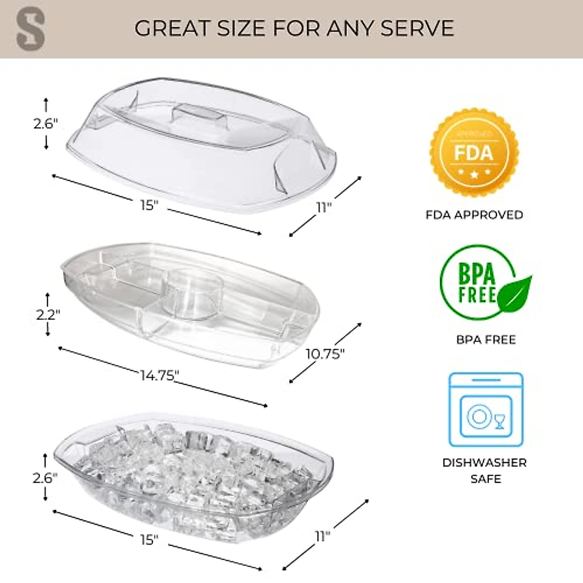 Simply InStyle Appetizer Serving Tray on Ice with Lid, 3 Layers 15 Inch Party Platter with 4 Compartments for Shrimp, Fruits, Salads, Sushi, Dips and Desserts, Clear,green
