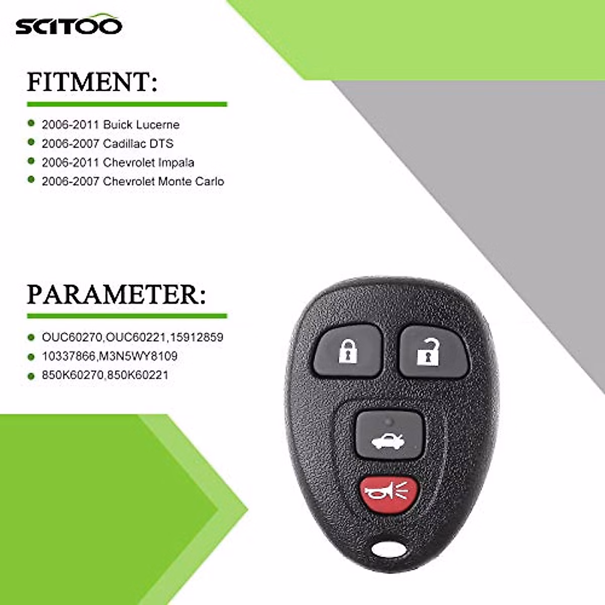 SCITOO Keyless Entry Remote Control Key Fob Replacement for 4 Buttons 2006-2011 for Chevy for Impala for Monte Carlo for Impala for Buick Lucerne for Cadillac DTS 1PC FCC OUC60270