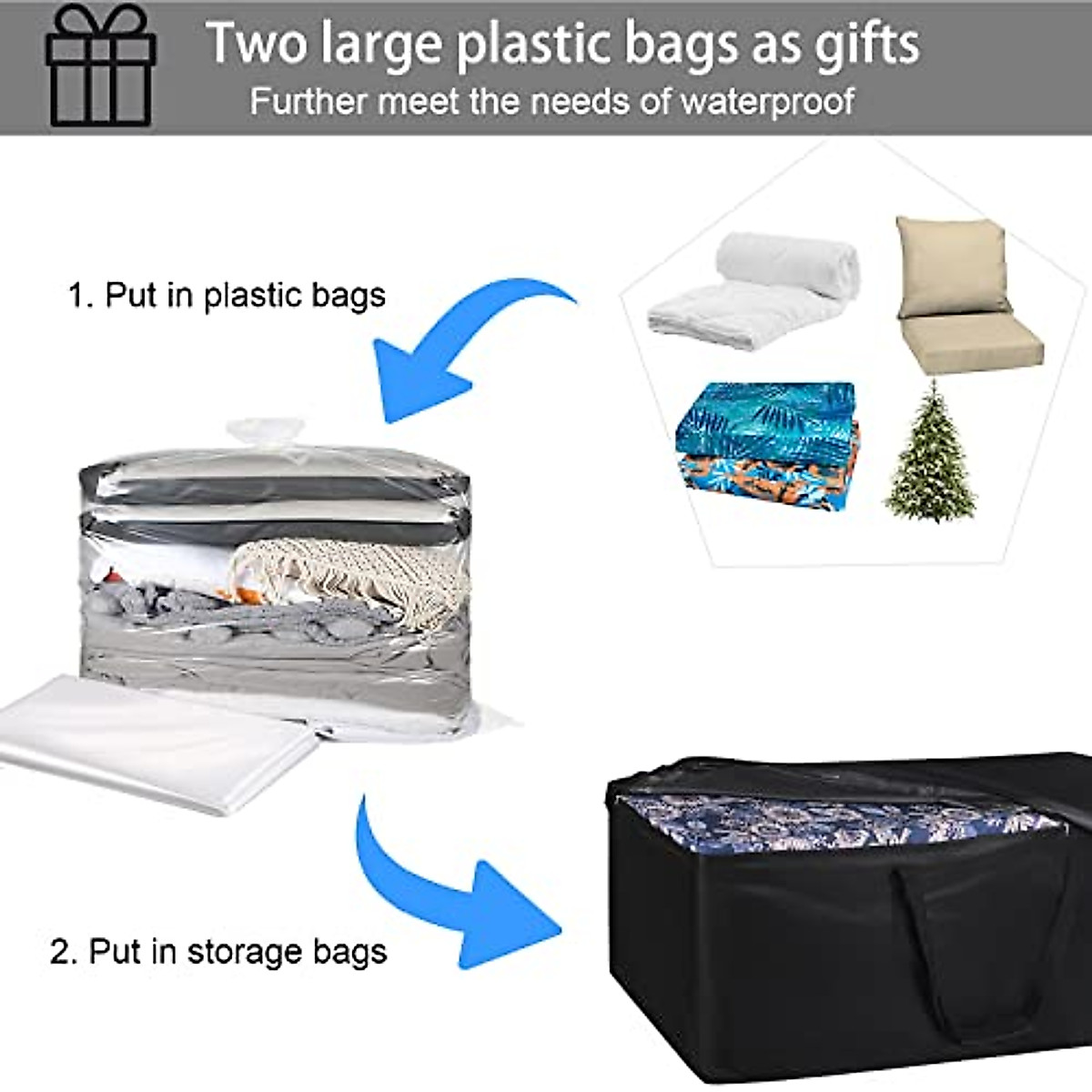 NettyPro Patio Cushion Storage Bags 2 Pack Water-Resistant Extra Large Bag for Outdoor Cushions Heavy Duty Patio Furniture Storage Bag 65 Inch, Black