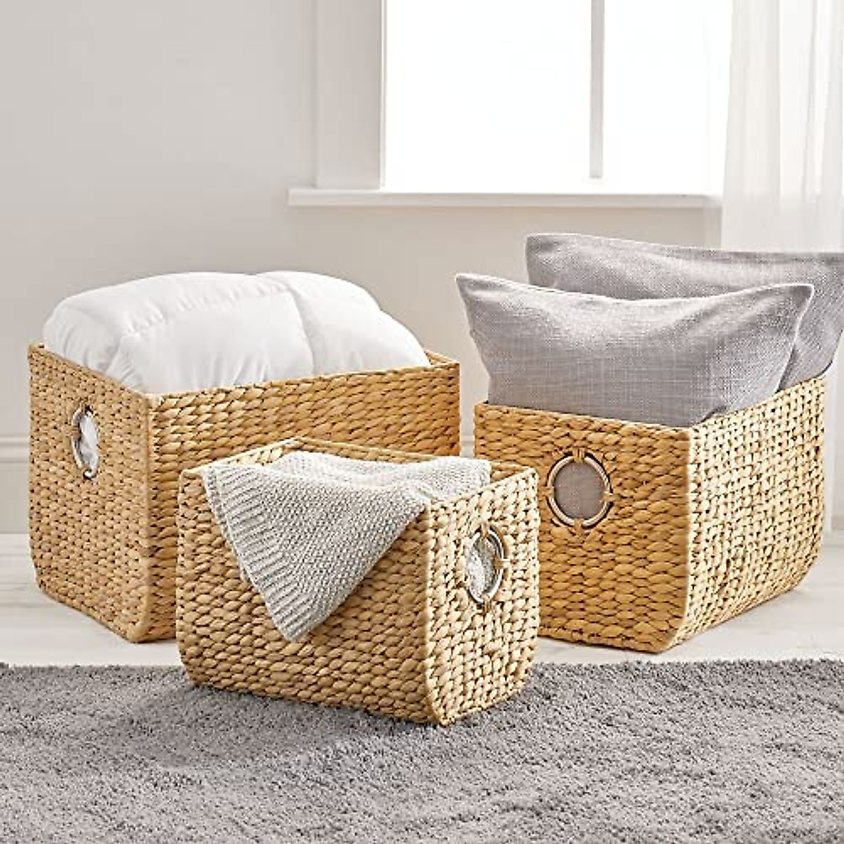 mDesign Natural Woven Hyacinth Closet Storage Organizer Basket Bin - for Cube Furniture Shelving in Closet, Bedroom, Bathroom, Entryway, Office - 3 Pack - Natural/Chrome