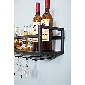 Fhesap Wall Mounted Wine Rack, Hanging Wine Rack, Wine Glass Rack Holds Wine Bottles and 5 Stemware Glass Holder, Metal Wine Storage Rack for Home Kitchen, Dining Room, Bar Décor, Black