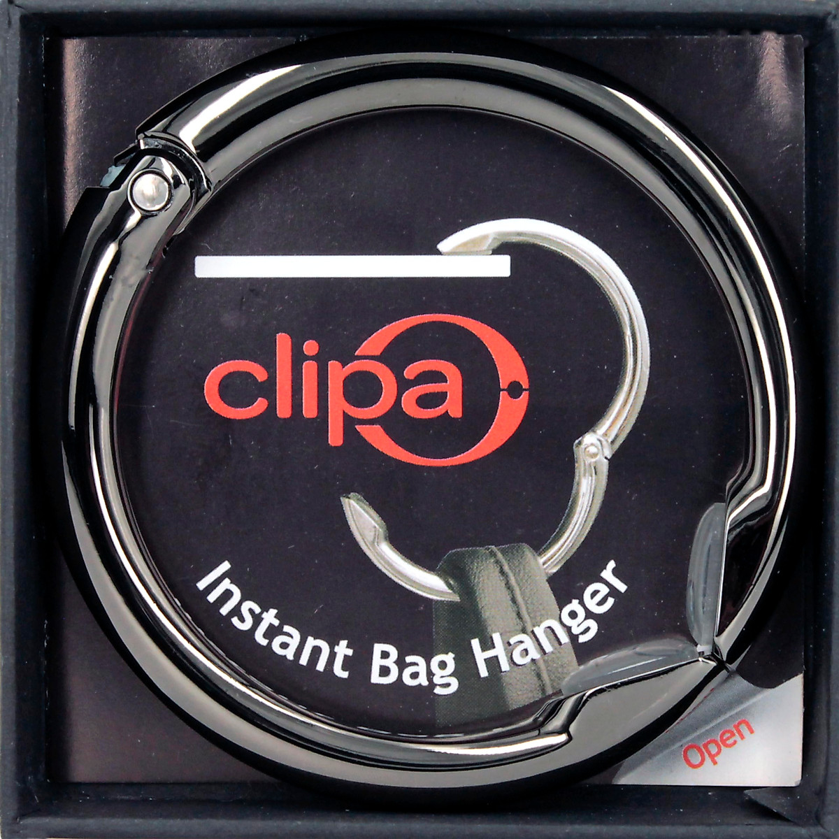 Clipa Bag Hanger - Polished Hematite PVD - The Ring That Opens Into a Hook and Hangs in Just 1/2" of Space, Holds 33 lbs., 3 yr. Warranty