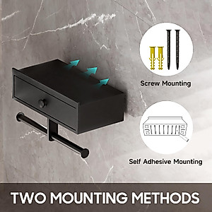 Double Toilet Paper Holder with Shelf,Wall Mount/Adhesive Matte Black Toilet Paper Holder,Wipes Dispenser for Bathroom,Wood Toilet Roll Holder with Storage Drawer