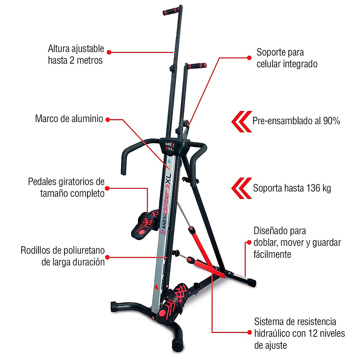 MaxiClimber XL-2000 Hydraulic Resistance Vertical Climber. Combines Muscle Toning + Aerobic Exercise for Maximum Calorie Burn. 12 Resistance Levels, Lightweight Aluminum Mainframe, Free Fitness App.