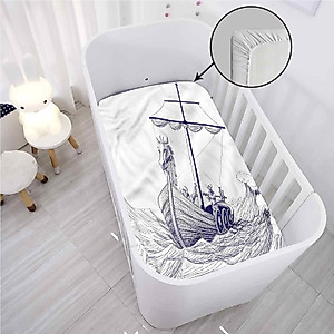LCGGDB Viking Fitted Crib Sheet,Drakkar Long Boat Dragon Decorative Microfiber Crib Sheet Portable Crib Mattress Topper for Baby Boys Girls,Ultra Soft Jersey,Full Standard,28" x 52"