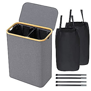 BRIAN & DANY 123L Laundry Basket with Lid, Large Laundry Hamper Organizer 2 Section with Removable Bag Liner for Bathroom and Bedroom (Grey)