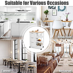 Giantex Kitchen Island Cart, Home Bar Serving Cart, Kitchen Trolley with 3 Large Drawers, Storage Shelf and 3 Tier Shelves, Rolling Storage Cabinet, Mobile Cart (White)