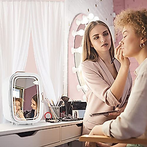BUXFMHT 20L Mini Fridge, Skincare Fridge, Makeup Fridge with LED Mirror, AC/DC Portable Thermoelectric Cooler and WarmerSmall Fridge, Eco & Quiet Mini Refrigerator for Bedroom, Comestic Storage