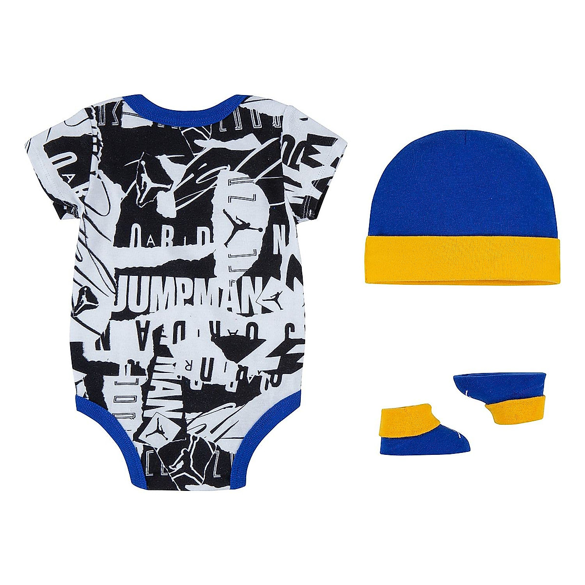 Jordan Baby Boys Bodysuit, Bootie and Hat 3 Piece Set (White(NJ0454-001)/B_Yellow, 0-6 Months)