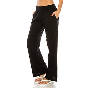 Poplooks Women's Comfy Fold Over Linen Pants (XX-Large, Black)