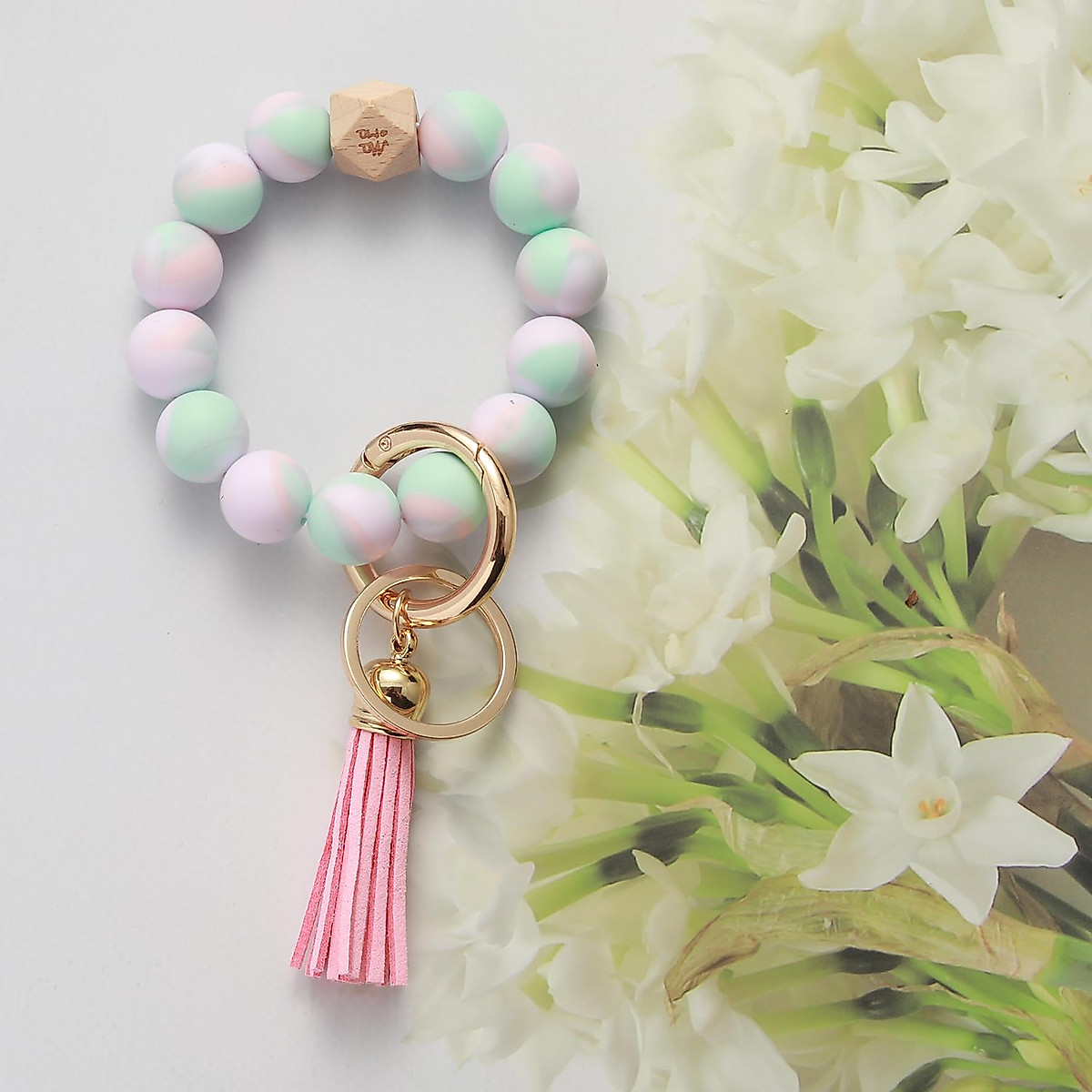 Mothers Day Gift Portable House Car Keys Ring Holder, Elastic Beaded Silicone Bracelet Bangle Wristlet Keychains W/Tassel