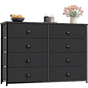 Furnulem 8 Drawer Dresser Wide 40'' Long, Storage Chest of Drawer for 50'' TV Stand, Closet, Bedroom, Nursery, Fabric Bins, Wooden Top Living Room Rustic Furniture (Black)