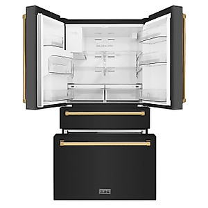 ZLINE 36" Autograph Edition 21.6 cu. ft 4-Door French Door Refrigerator with Water and Ice Dispenser in Fingerprint Resistant Black Stainless Steel with Polished Gold Traditional Handles