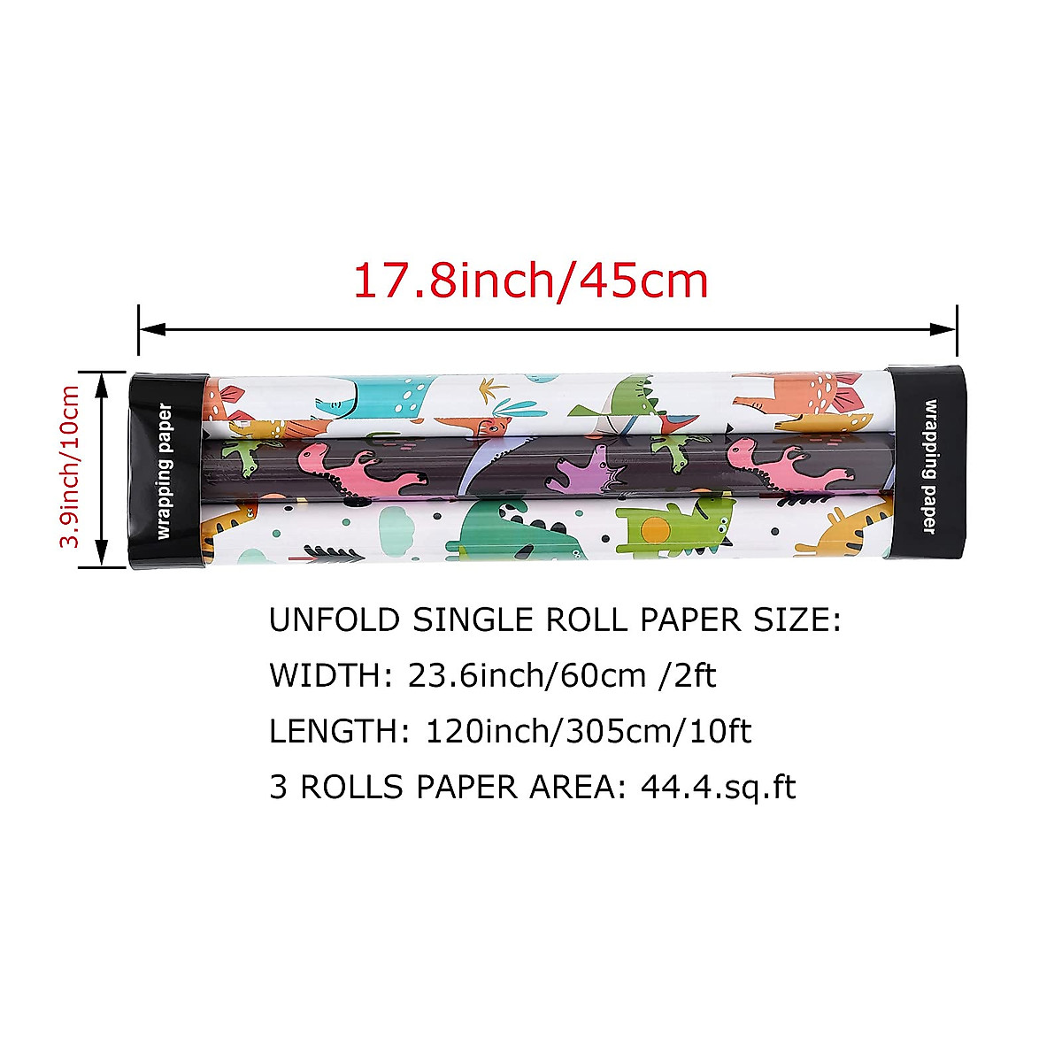U'COVER Cute Dinosaur Birthday Wrapping Paper for Boys Girls Kids Baby Shower 3 Styles Cartoon Animal Monster Gift Wrapping Paper Roll for Holiday Anniversary Graduation (3 ROLL-44.4 sq.ft.ttl