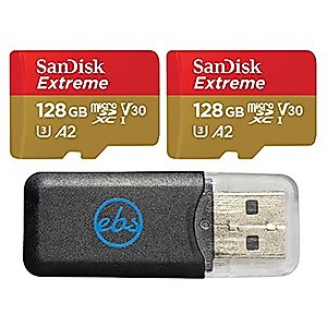 SanDisk Extreme 128GB V30 A2 microSDXC (2 Pack) Memory Card for DJI Mini 3 Also Works with DJI Mini 3 pro, DJI RC (SDSQXA1-128G-GN6MN) Bundle with 1 Everything But Stromboli Micro SDXC Card Reader