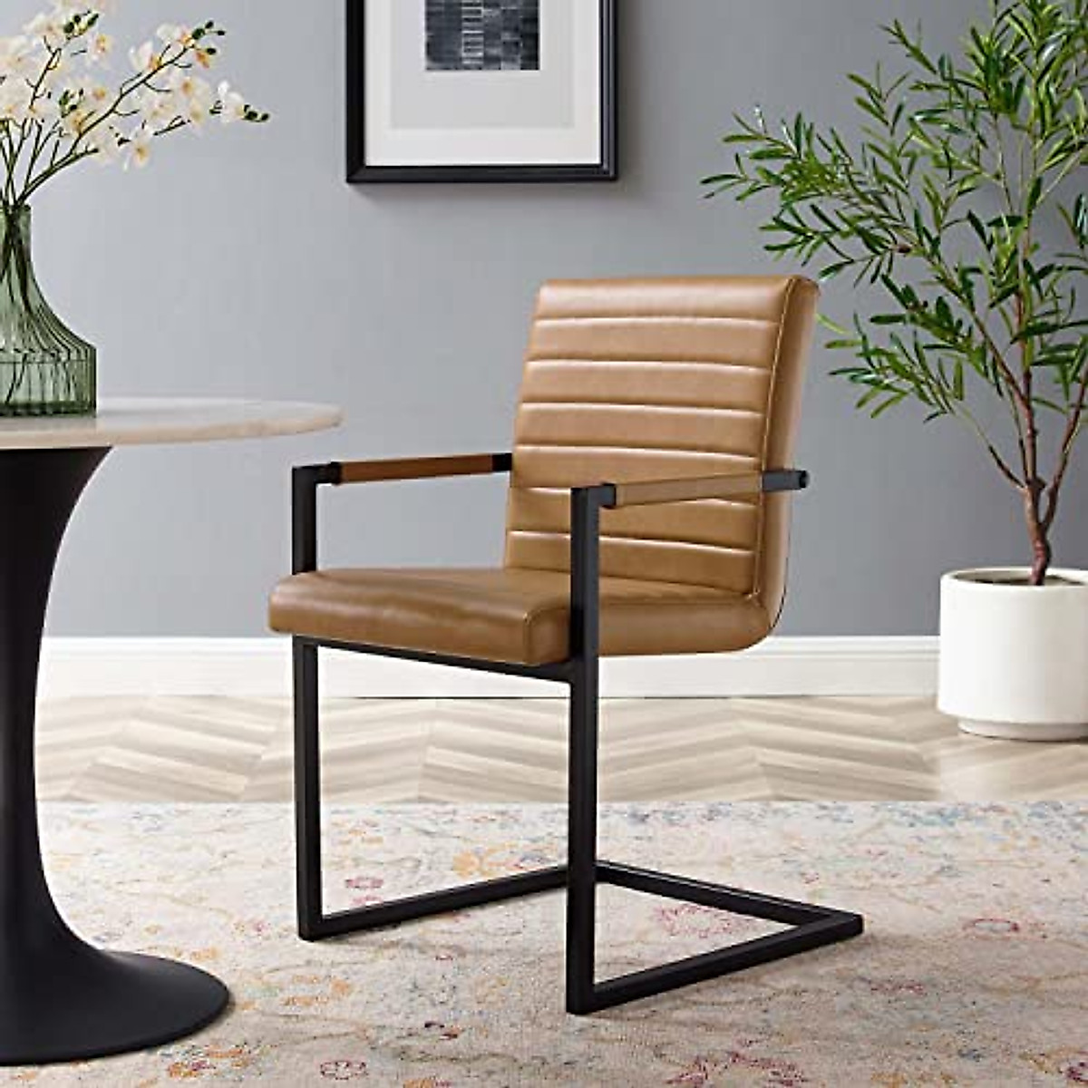 Modway Savoy Vegan Leather Dining Chair Set of 2, Tan