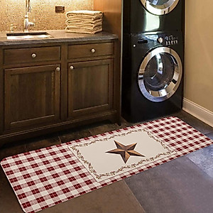 Libaoge Kitchen Mat Rug 1 PCS Rustic Barn Texas Western Star Red Buffalo Plaid Runner Rug Anti-Fatigue Comfort Memory Foam Standing Mat Non-Slip Floor Door Mat for Bathroom Bedroom 24x71in