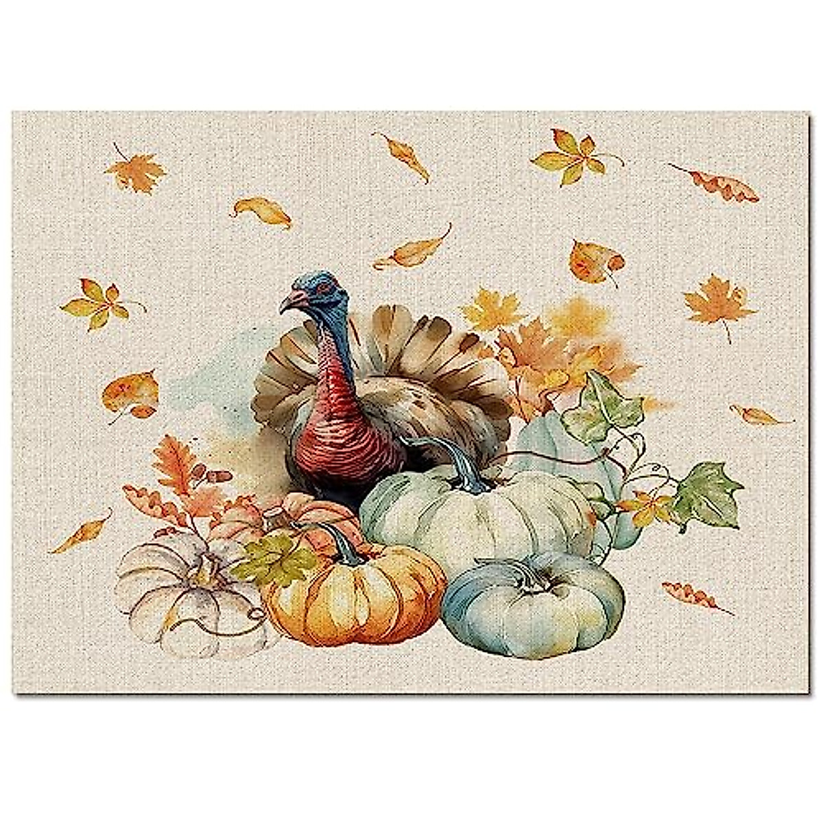OComster Thanksgiving Rectangle Shape Large Area Rugs - 4 x 6 Feet Pumpkin Teal Orange Turkey Fall Maple Leaves Burlap - (Non-Woven + Rubber) Low File Floor Mat