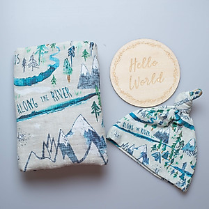 Miaoberry Organic Muslin Baby Boy Swaddle Blanket and Hat Set Newborn Unisex Neutral| Adventure Awaits| Boho Mountain Forest |Photo Props Birth Announcement Card