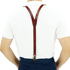 Lawevan Men's Reddish Brown Shiny Genuine Leather Suspenders, Steampunk Style Y back Adjustable Belt Loop, 3 Snap Hooks