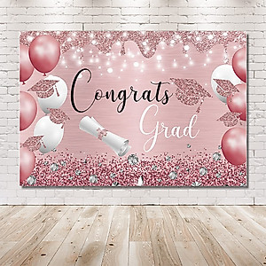 MEHOFOND 7x5ft Rose Gold Congrats Grad Backdrop Graduation Decorations Class of 2024 Ceremony Banner Pink and White Balloons Prom Supplies Photography Studio Props