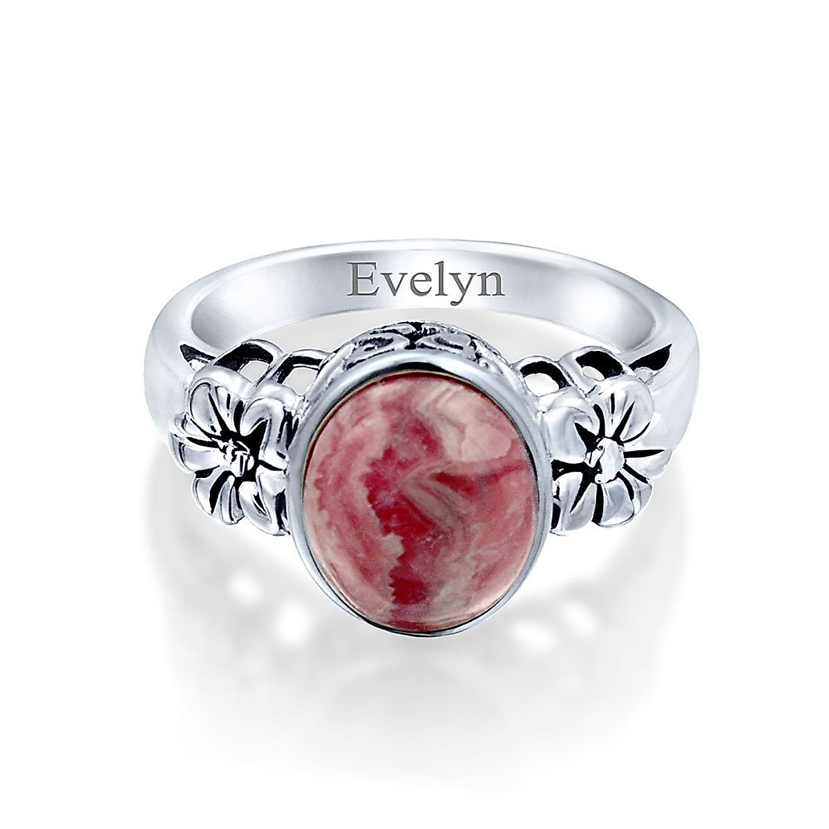 Bling Jewelry Flower Bezel Oval Gemstone Pink Rhodochrosite Boho Fashion Ring Band For Women For Teen .925 Sterling Silver