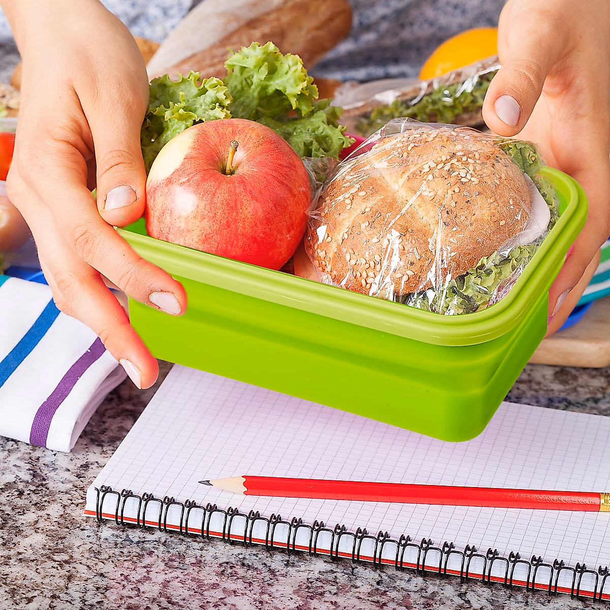 Nuenen Set of 8 Collapsible Food Storage Containers with Lids Silicone Flat Collapsible Bowls for Stacks Travel Camping Meal Prep Container for Kitchen, Freezer Microwave Dishwasher Safe (Rectangular)